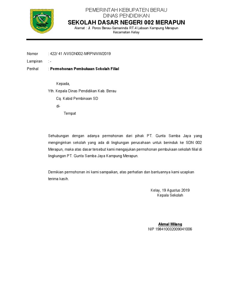 Permohonan Sekolah Filial PT Gunta Samba | PDF