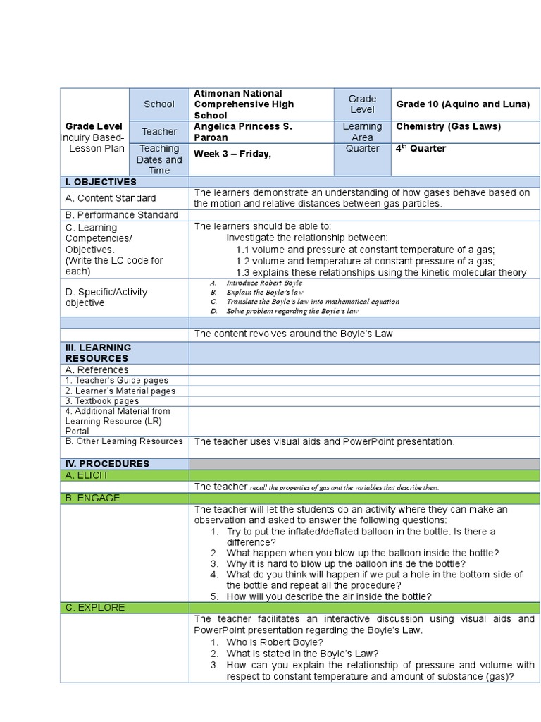 Lesson Plan For Boyle's Law