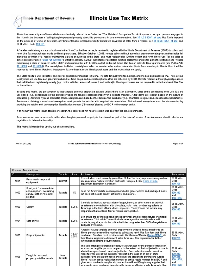 PIO-101 Illinois Use Tax Matrix | PDF | Use Tax | License