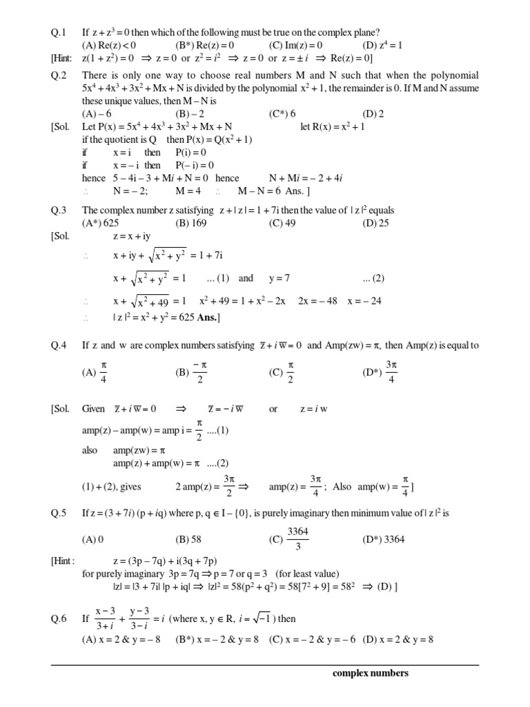 Complex Numbers Questions With Solutions | PDF | Complex Number ...