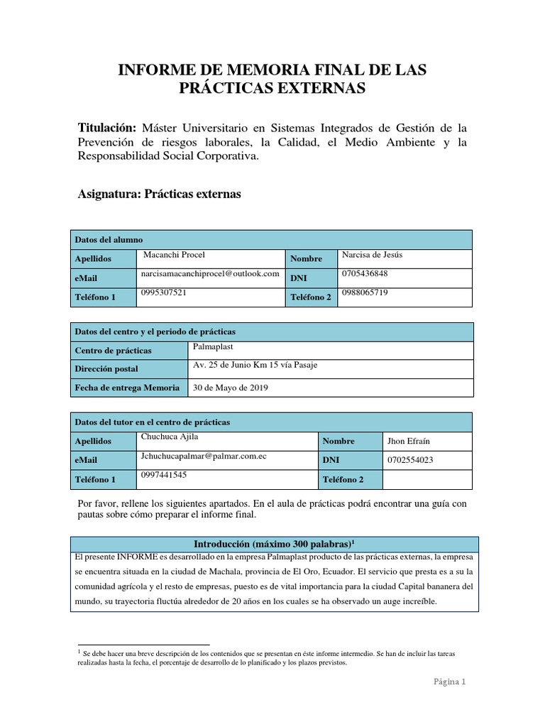 Memoria Final de Prácticas en Palmaplast | PDF | Calidad (comercial ...