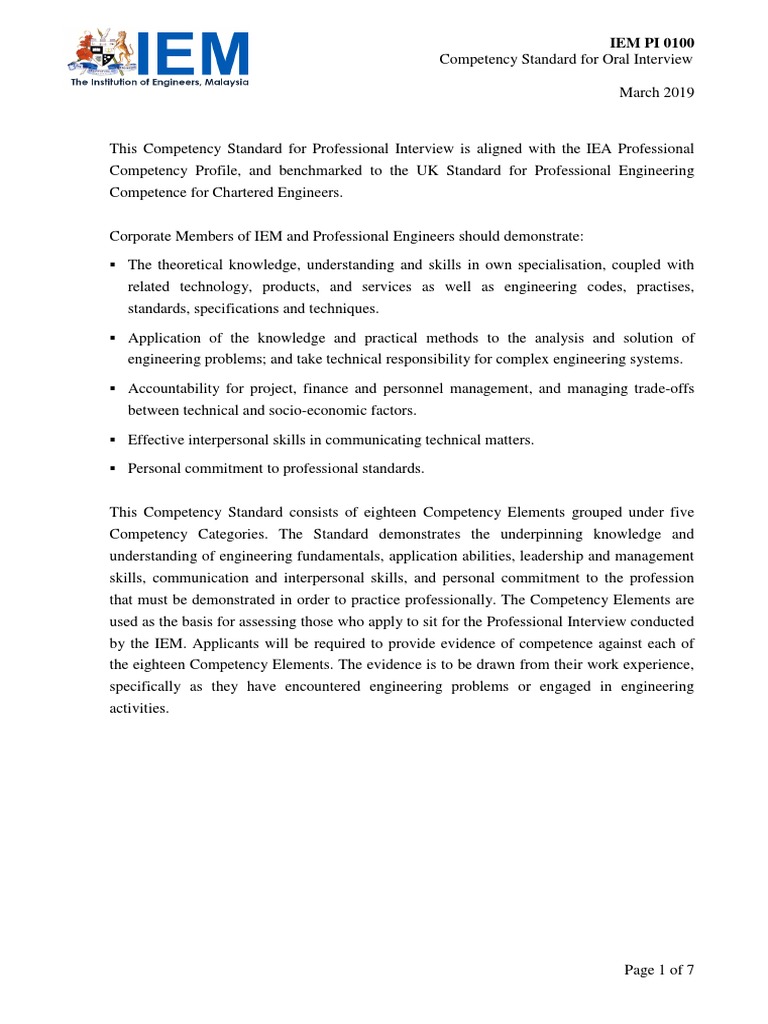 IEM PI 0100 - Competency Standard For PI Oral Interview | PDF ...