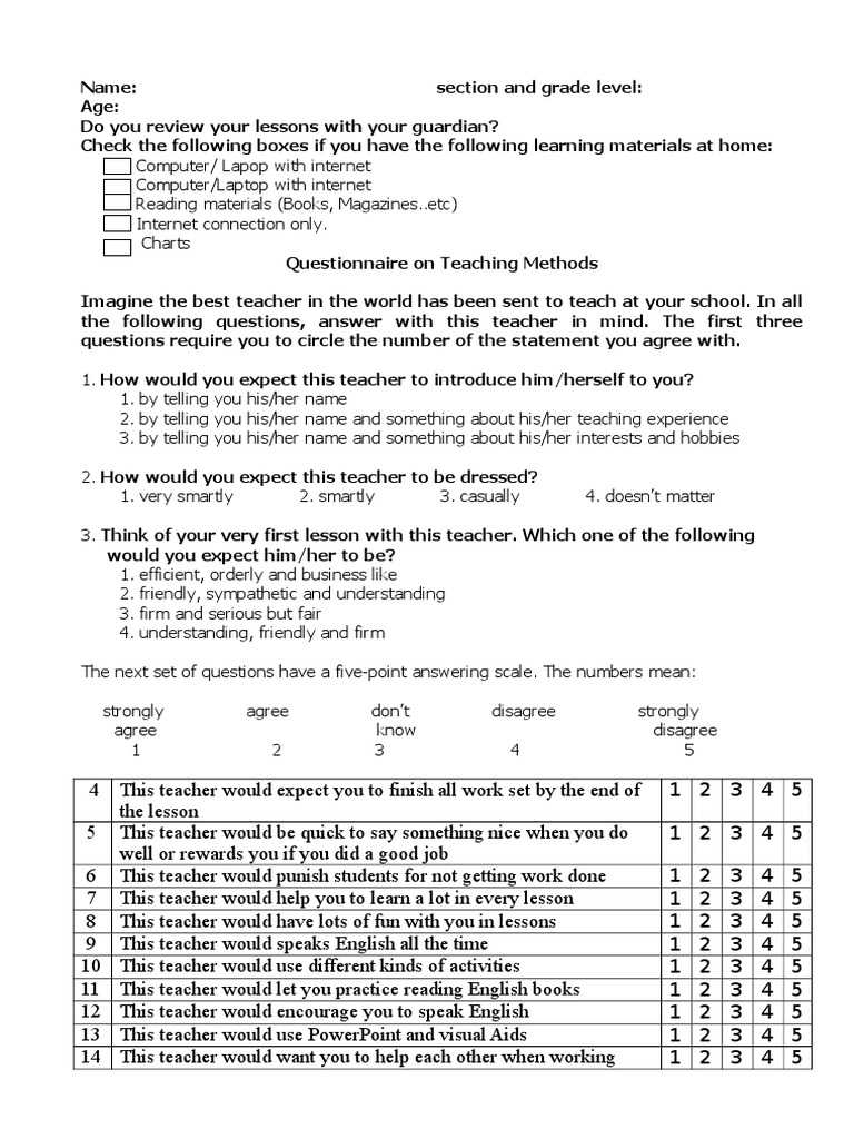 Final Questionnaire On Teaching Methods | PDF | Teaching Method | Classroom