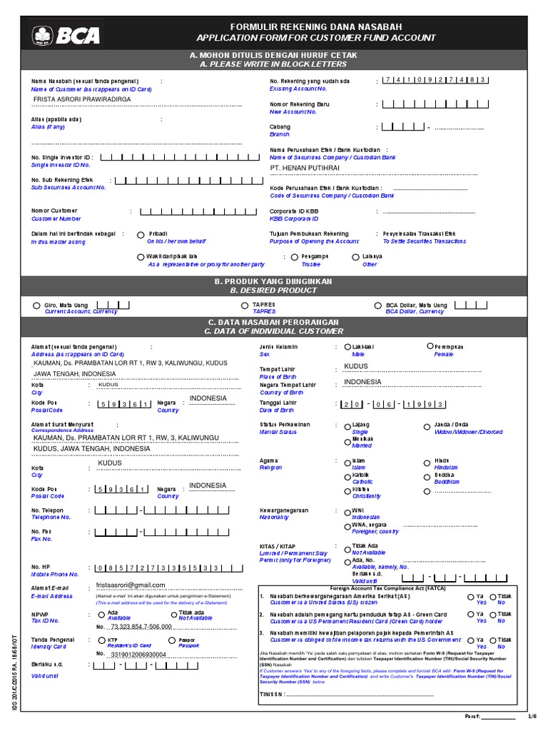 Formulir Pembukaan Rekening Dana Nasabah Bca | PDF | Nomor Jaminan ...