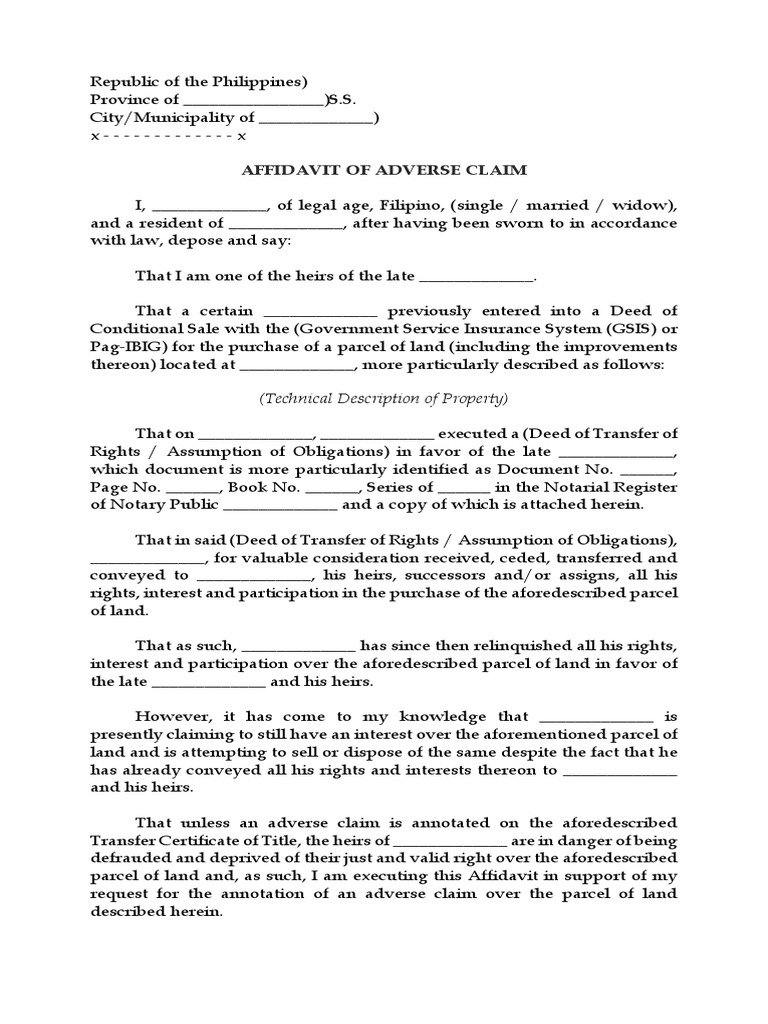 Affidavit of Adverse Claim | PDF | Affidavit | Deed