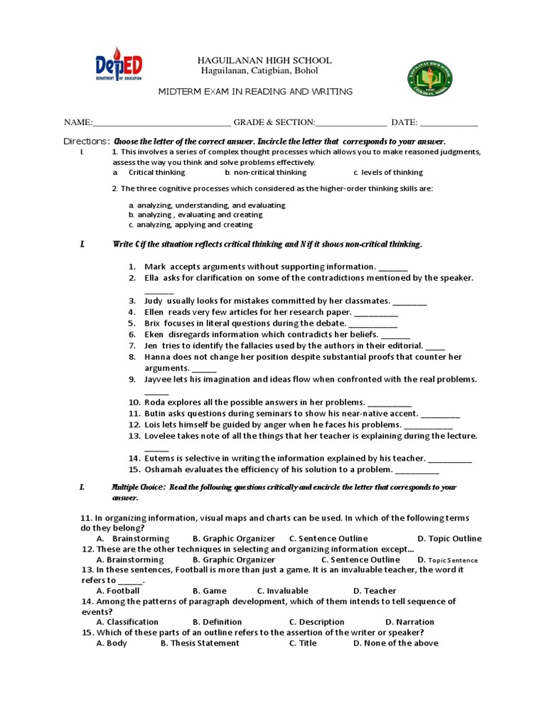 Midterm Exam: Reading & Writing Skills | PDF | Critical Thinking | Thought