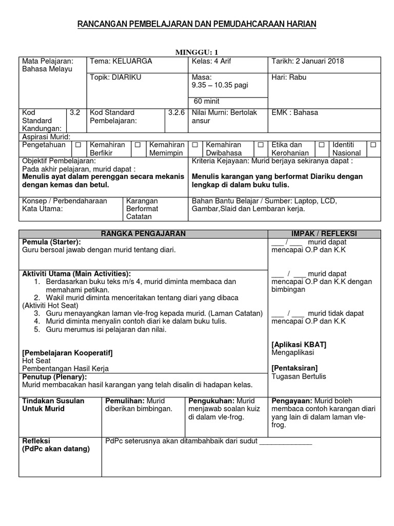 RPH Minggu 1 Rabu 4a | PDF