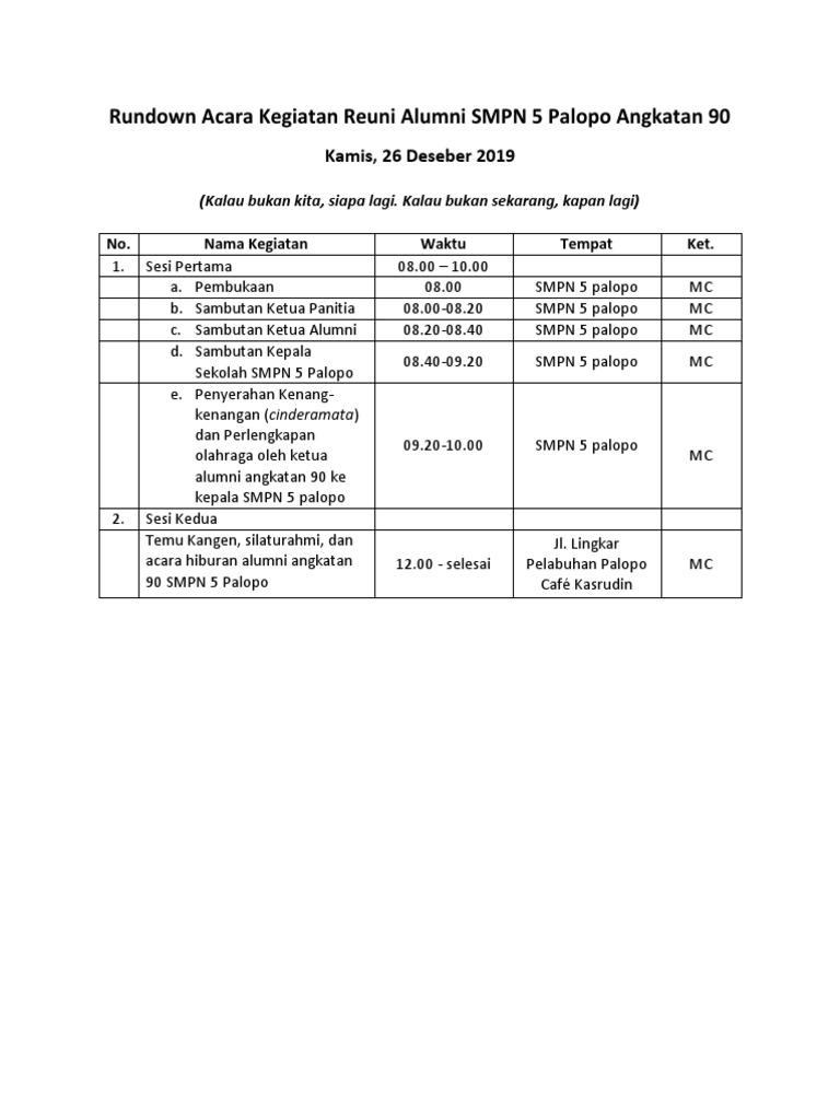 Rundown Acara Kegiatan Reuni Alumni SMPN 5 Palopo Angkatan 90 | PDF