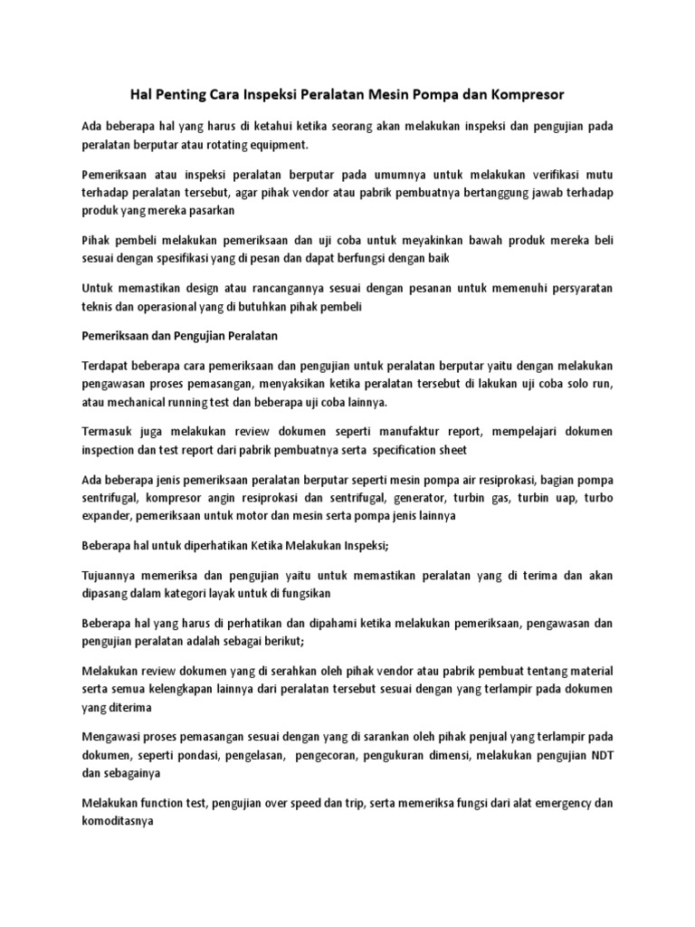 Hal Penting Cara Inspeksi Peralatan Mesin Pompa Dan Kompresor | PDF