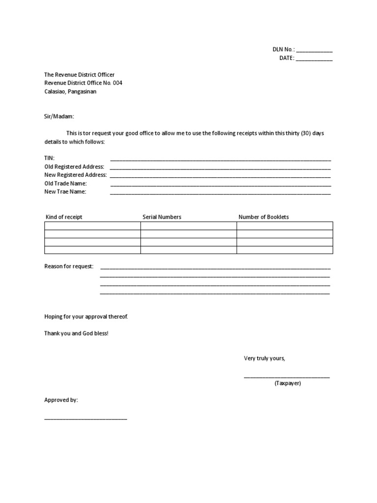 BIR Request For Approval For Use of Receipts | PDF
