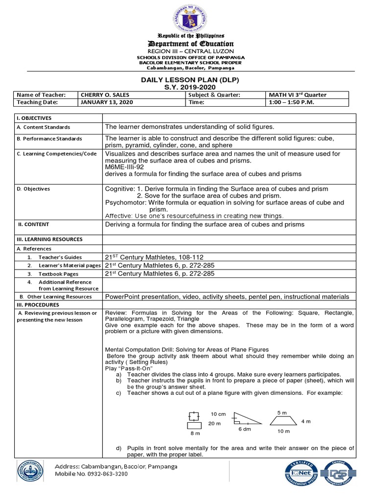 Math6 q3 DLP Surface Area Cot Latest Format | PDF | Area | Surface Area