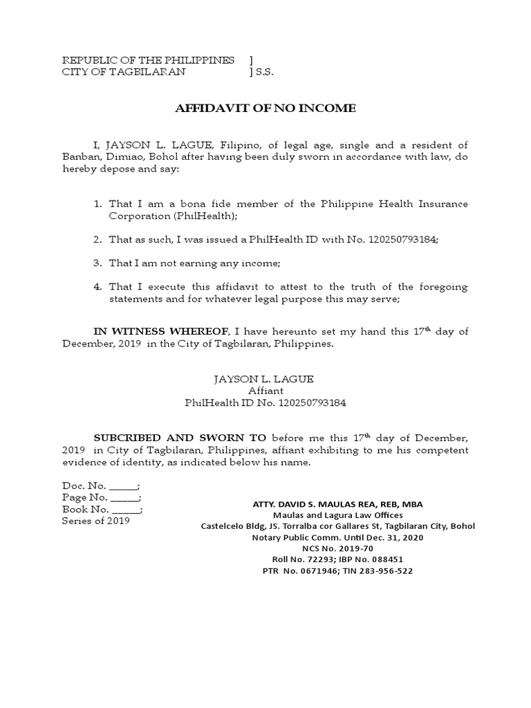 Affidavit of No Income Philhealth Jayson | PDF