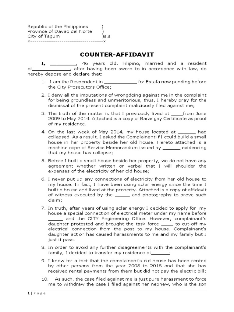 Counter Affidavit - ESTAFA | PDF | Affidavit | Judiciaries