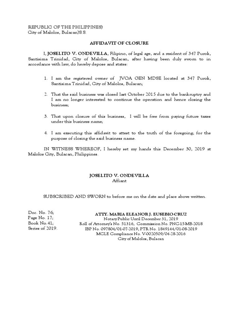 Affidavit of Business Closure: JVOA | PDF | Law