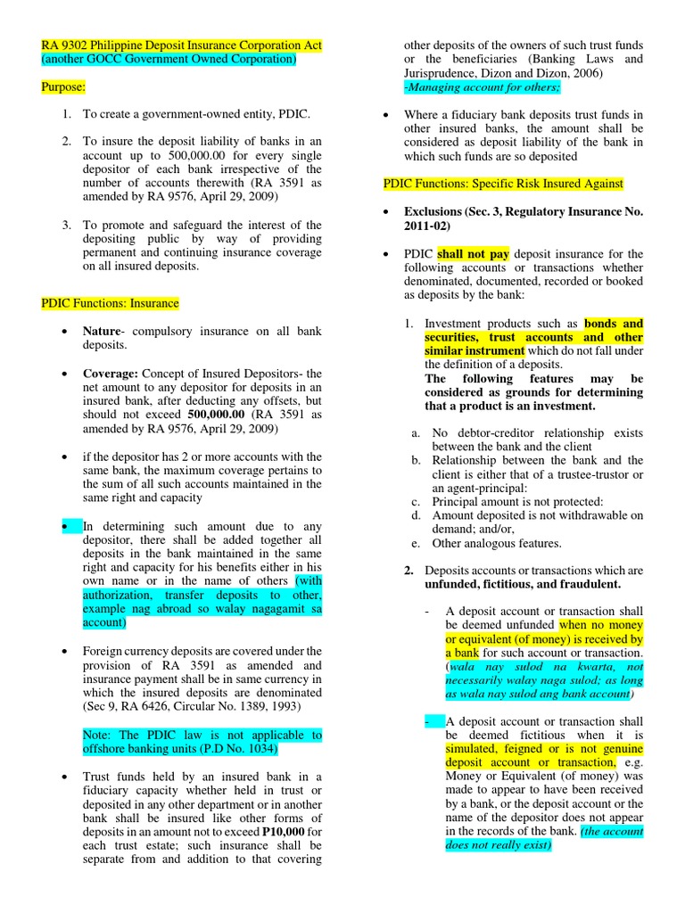 Pdic From PPT With Side Notes | PDF | Deposit Account | Banks