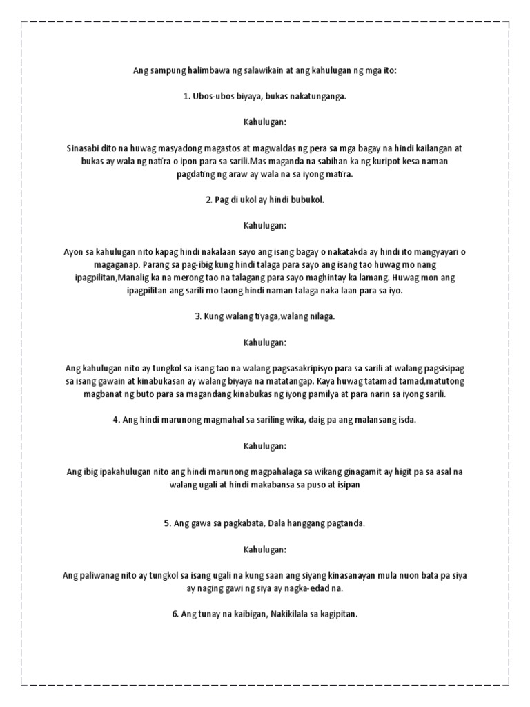 Ang Sampung Halimbawa NG Salawikain at Ang Kahulugan NG Mga Ito | PDF