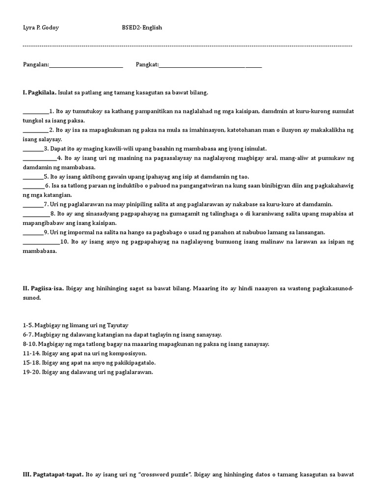 Filipino Test Questions | PDF