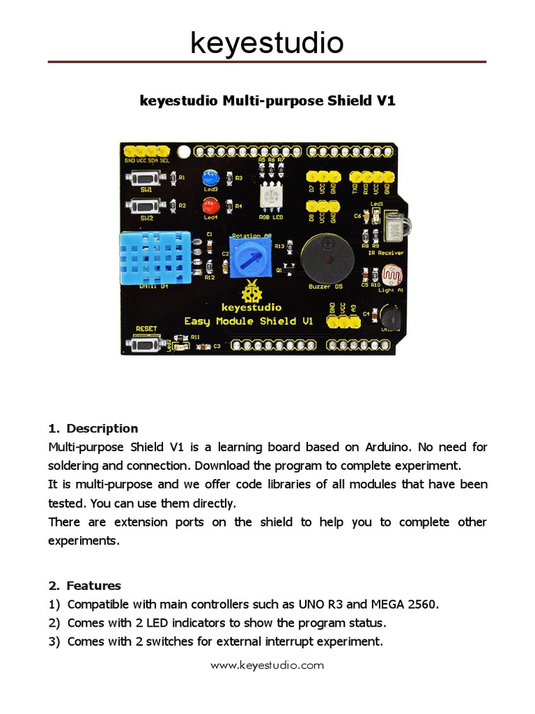 KS0183 Keyestudio Multi-Purpose Shield V1 | PDF | Arduino | Rgb Color Model KS0183 Keyestudio Multi-Purpose Shield V1 | PDF | Arduino | Rgb Color Model