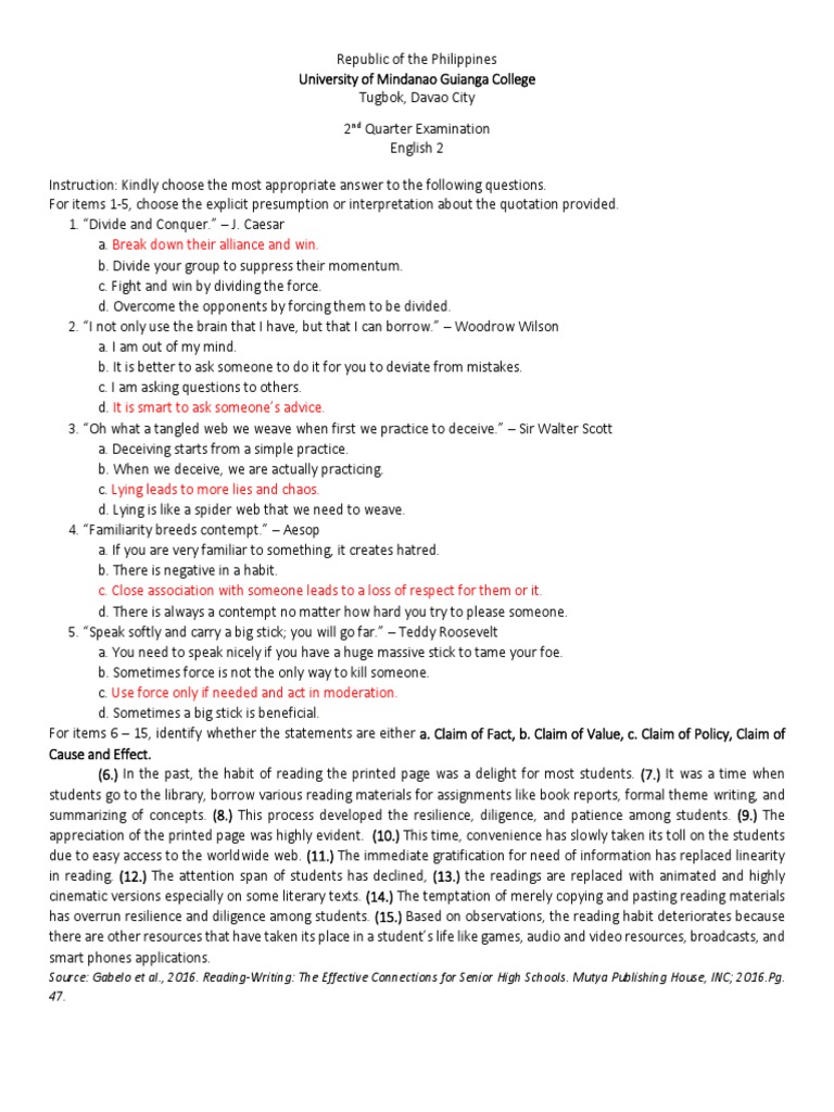 Reading and Writing Exam 3RD Quarter | PDF | Adolescence | Sleep