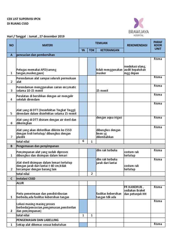 Supervisi IPCN di CSSD dan Lainnya | PDF