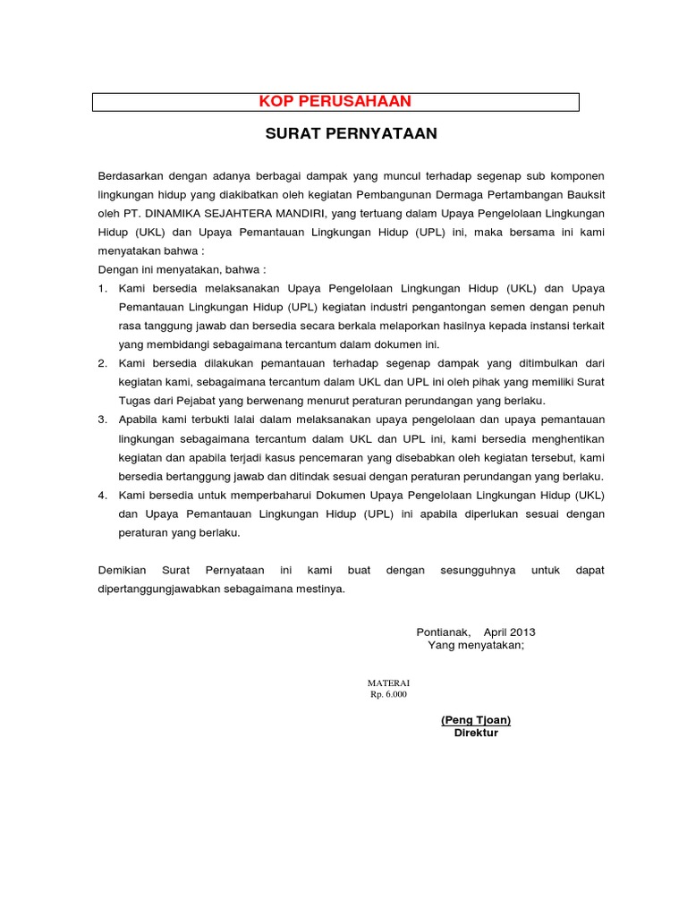 Surat Pernyataan Ukl-Upl | PDF