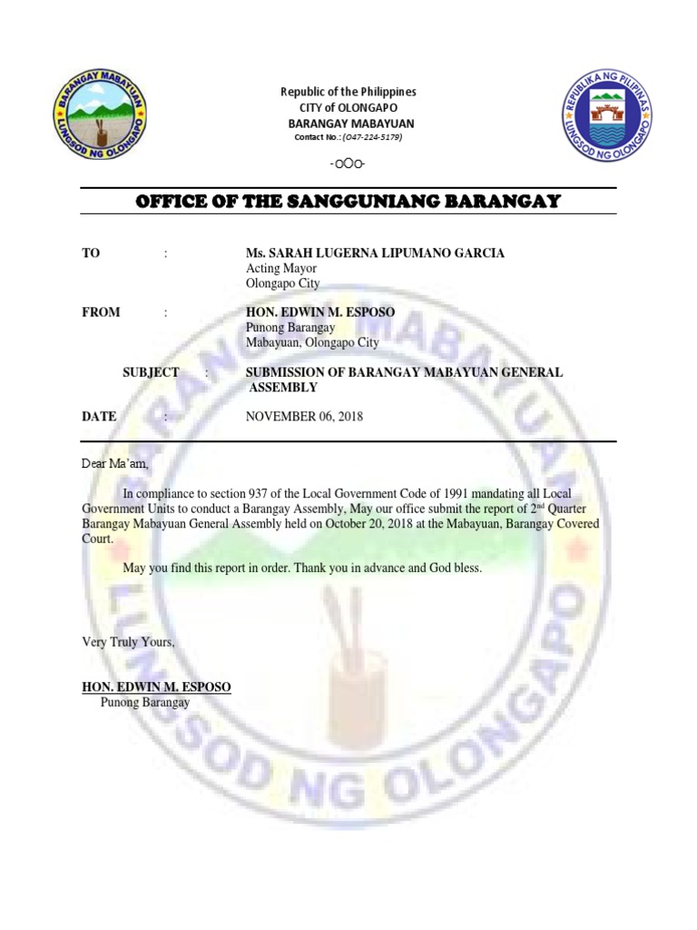 Barangay Assembly Letter | PDF