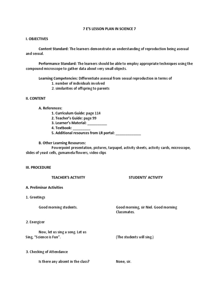 7 E's Lesson Plan Niel | PDF | Sexual Reproduction | Reproduction