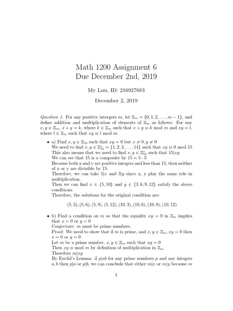Math - 1200 - Assignment 6 | PDF | Prime Number | Ring Theory