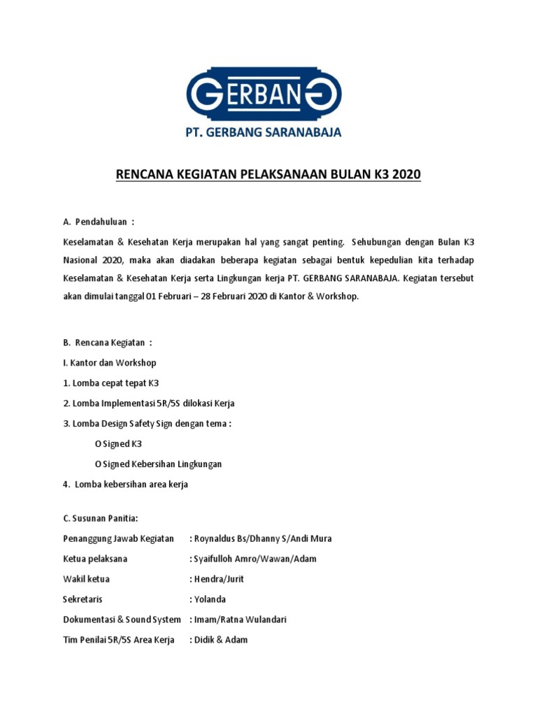Rencana Kegiatan Pelaksanaan Bulan K3 2020 | PDF