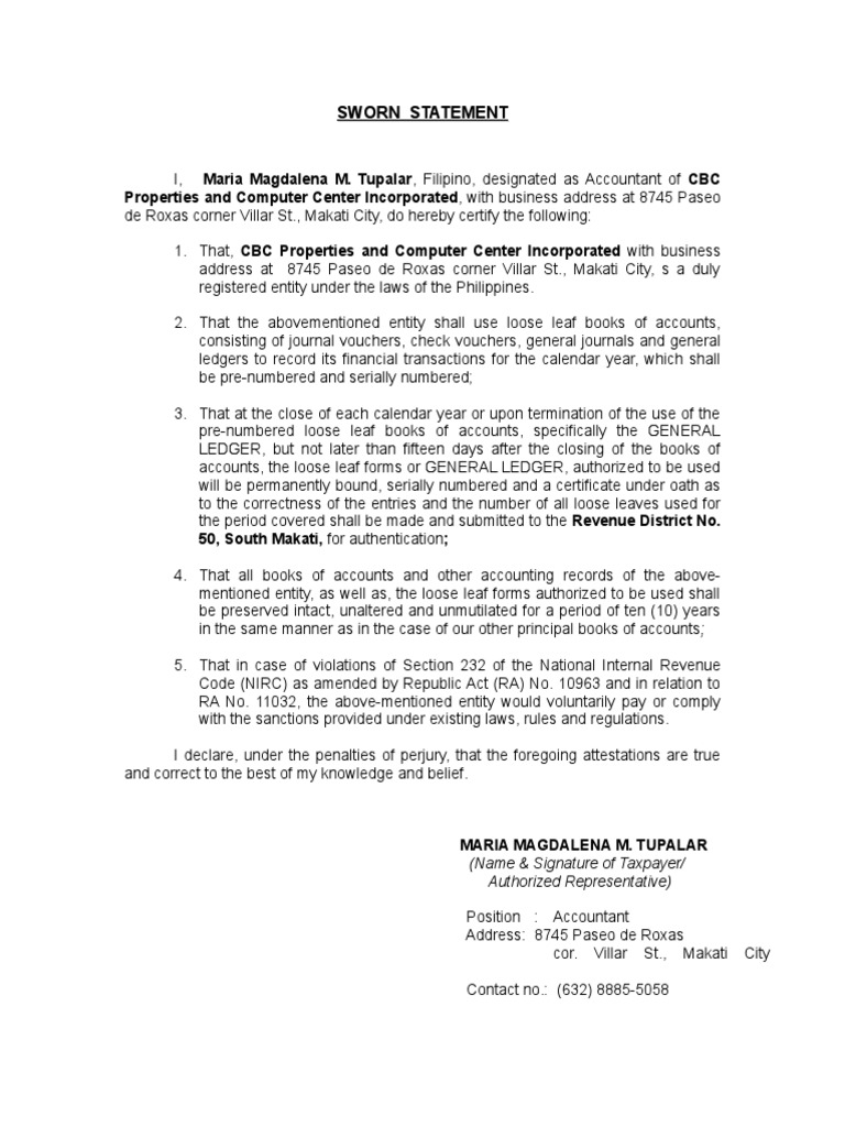 Sworn Statement - LOOSELEAF BOOK OF ACCTS | PDF | Common Law | Social Institutions