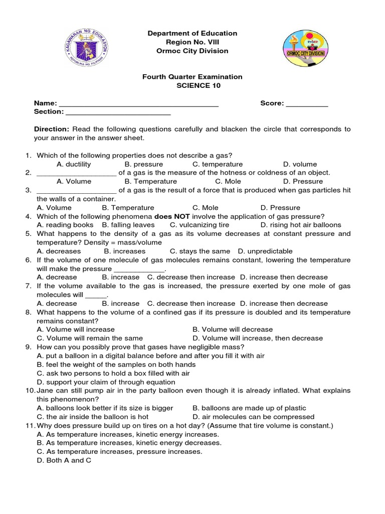 Science 10: Fourth Quarter Examination | PDF | Carbohydrates | Gases