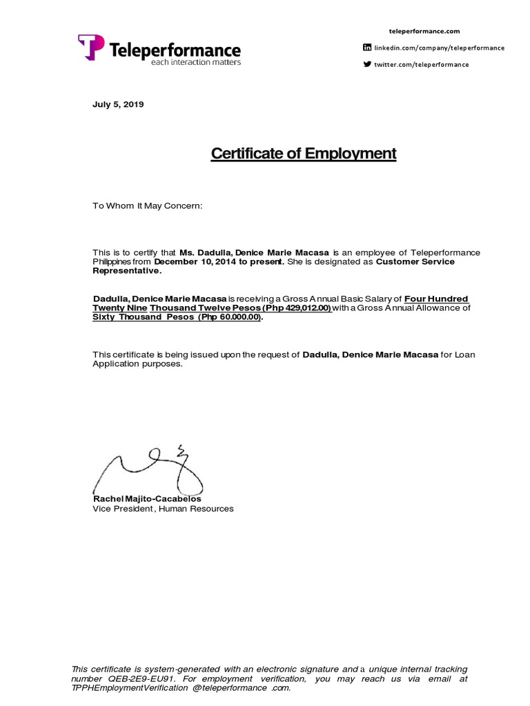 Teleperformance Employment Certificate Sample | PDF