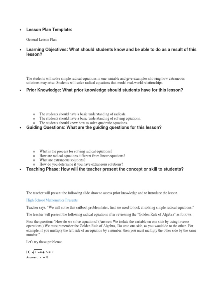 Lesson Plan For Radical Equations | PDF | Lesson Plan | Equations