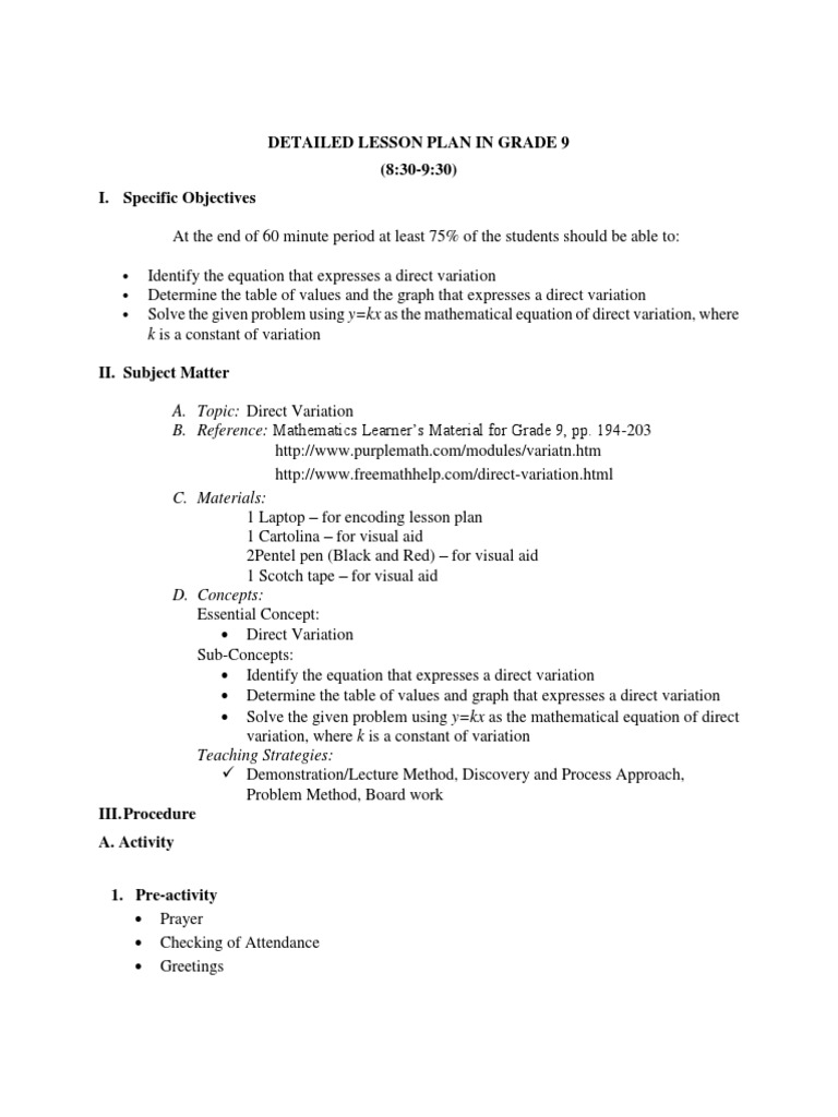 Detailed Lesson Plan in Grade 9 | PDF | Lesson Plan | Equations