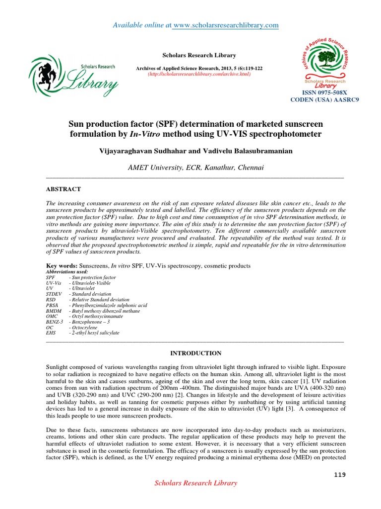 Sun Production Factor (SPF) Determination of Marketed Sunscreen ...