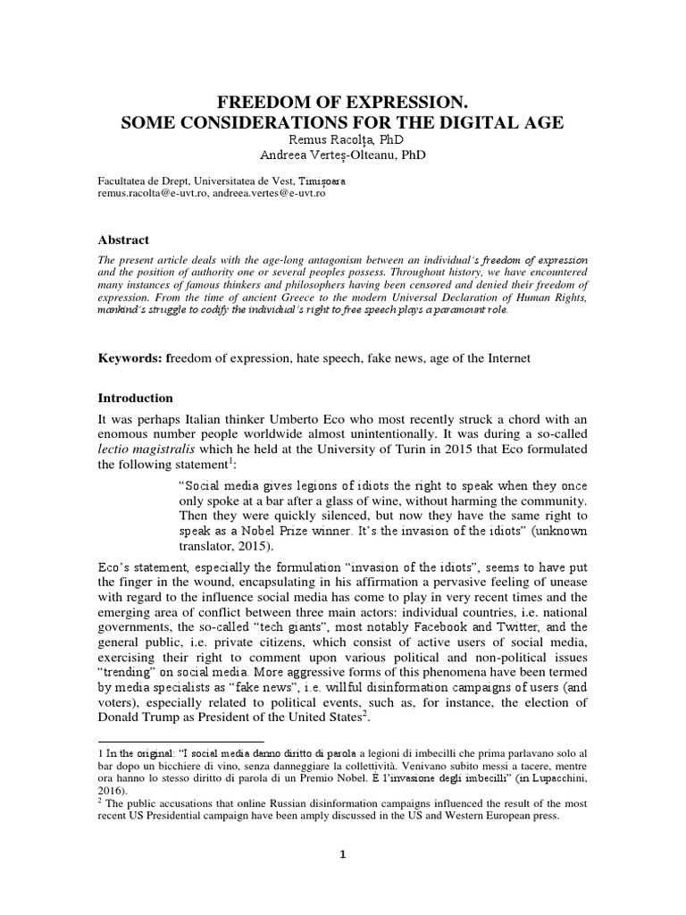 Freedom of Expression. Some Considerations For The Digital Age | PDF ...