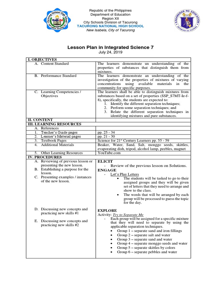 Separation Techniques LP | PDF | Chemical Substances | Lesson Plan