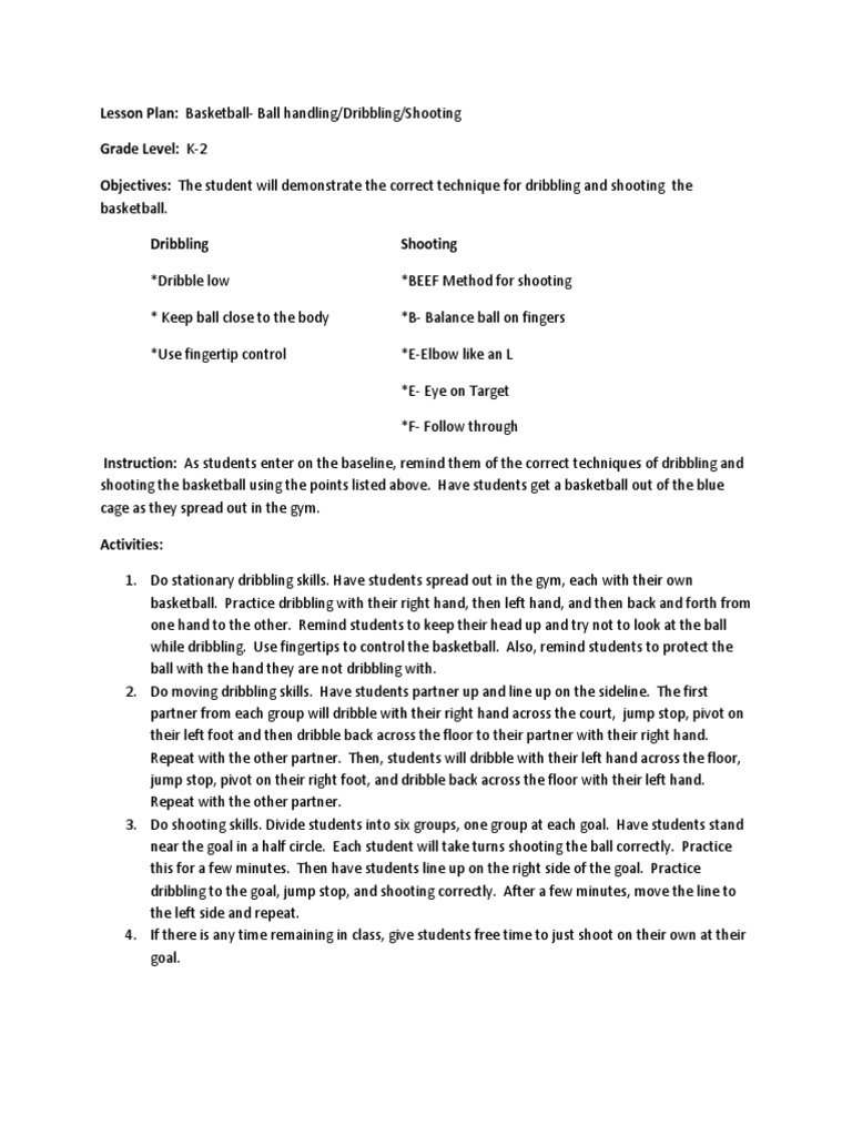 LESSON PLAN - Basketball-Ball - Handling - Dribbling - Shooting - k-2 ...