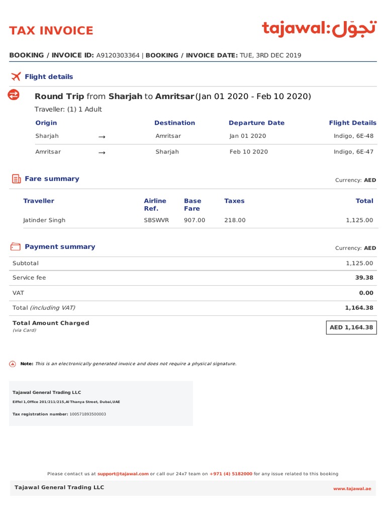 Flight Invoice for Sharjah-Amritsar | PDF | Market (Economics) | Payments