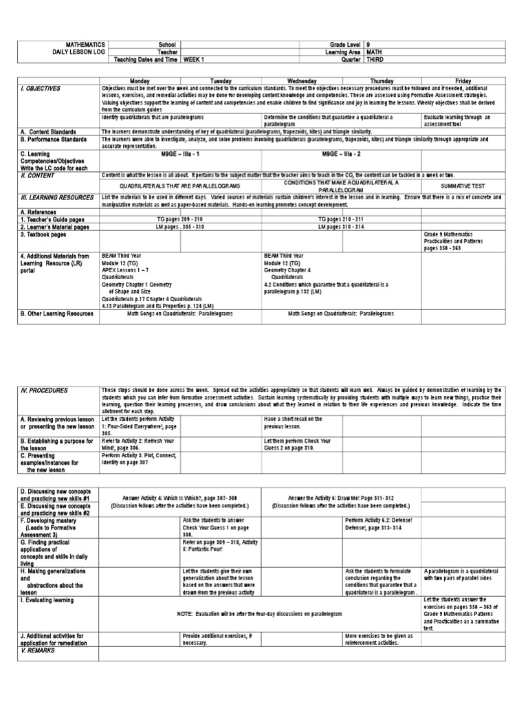 DLL Math 9 Week 1 Q. 3 | Download Free PDF | Education Theory | Learning