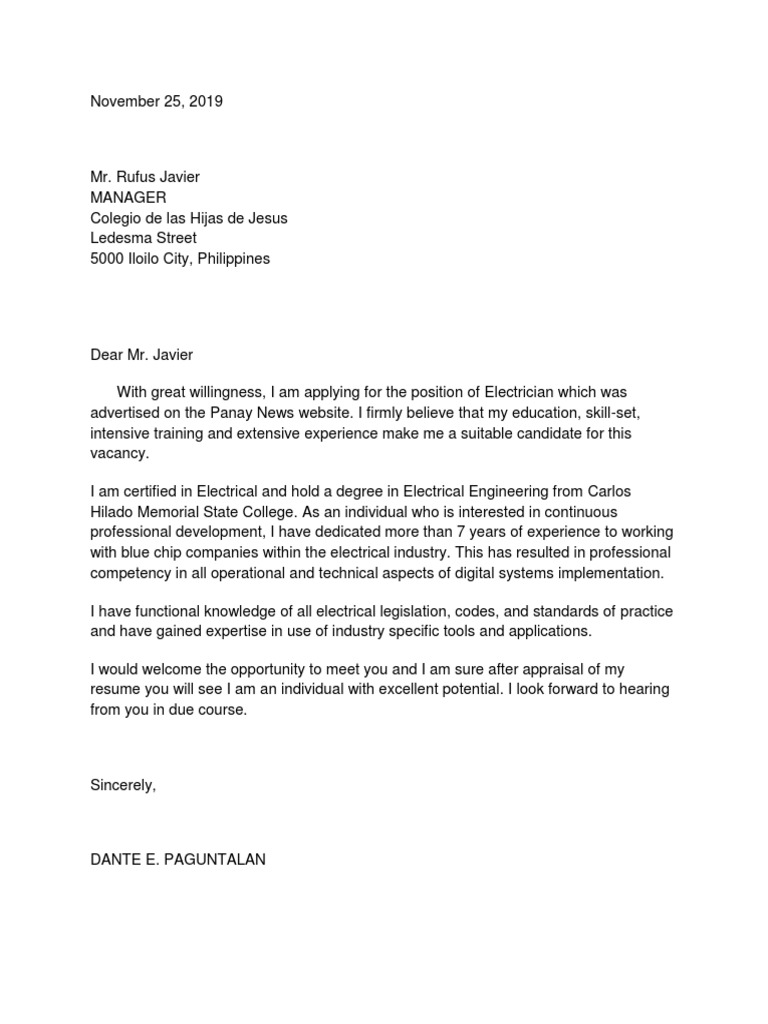 Application Letter | PDF | Electrician | Behavior Modification