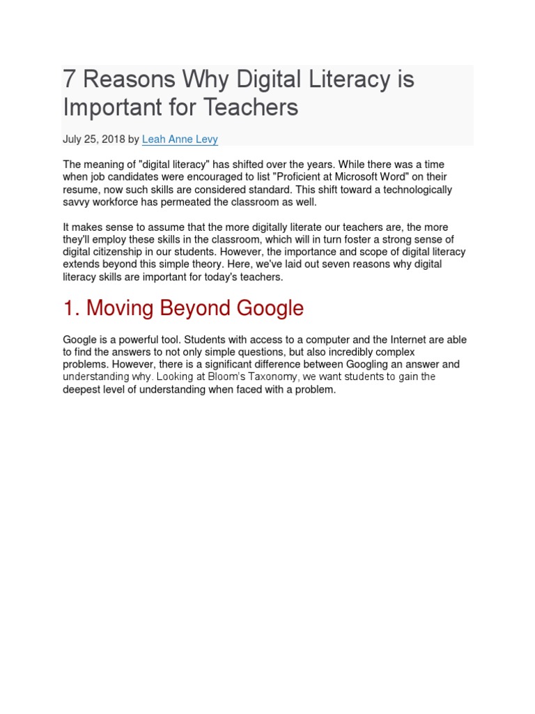 7 Reasons Why Digital Literacy Is Important For Teachers | PDF ...