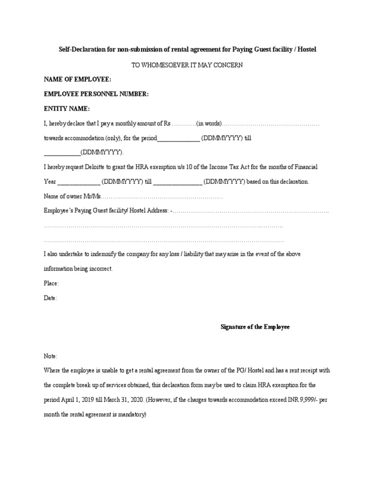 Self Declaration For Rental Agreement Not Available - Paying Guest ...