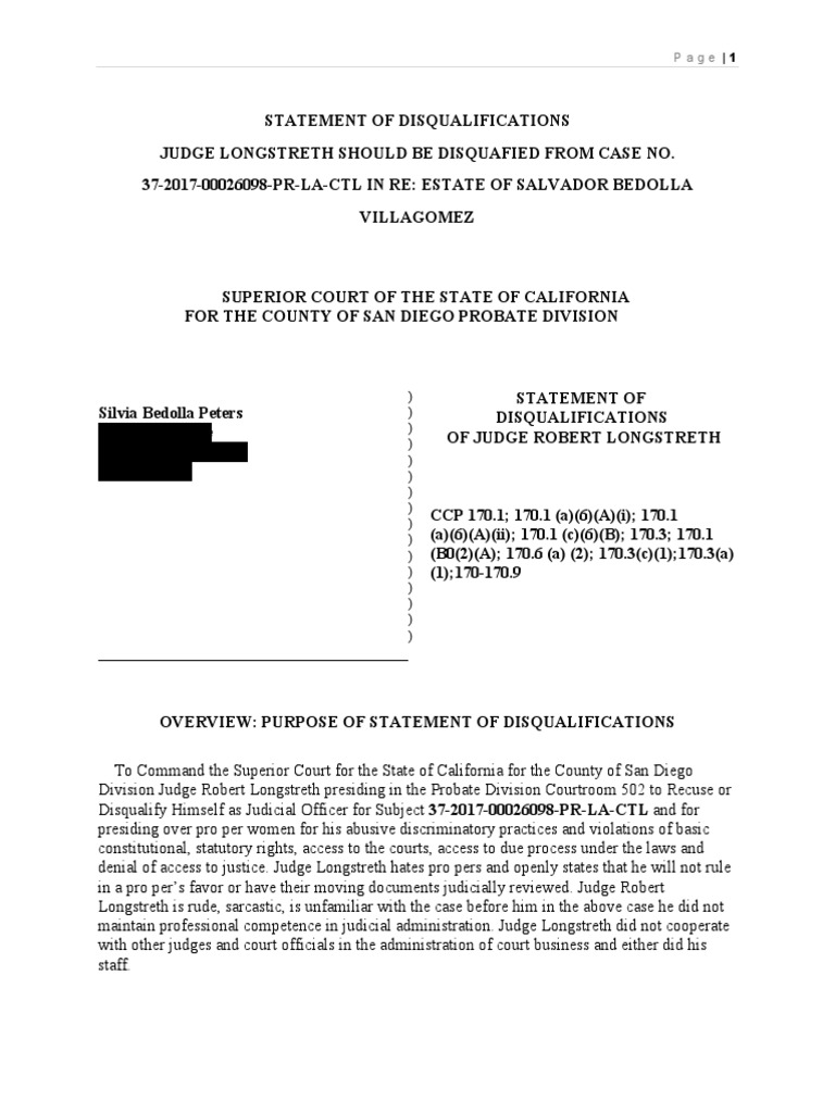 Statement To Disqualify Judge Robert Longstreth | PDF | Concurrent ...