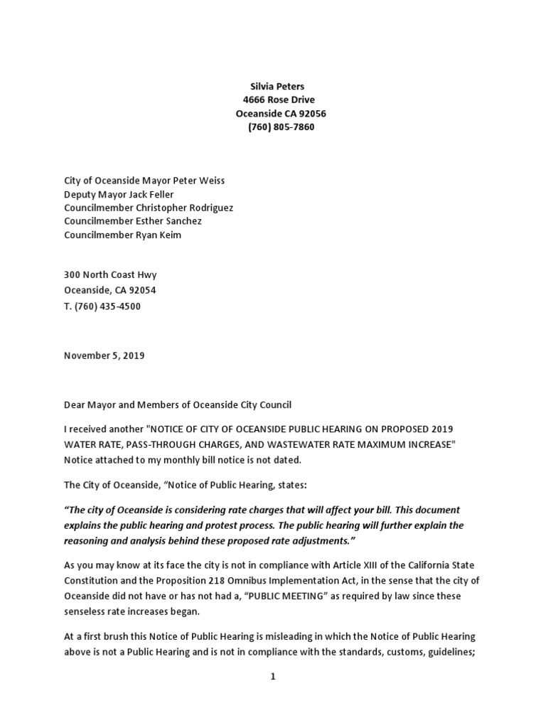 2019 Water Rate Increase Letter To The City of Oceanside | PDF | Taxes ...