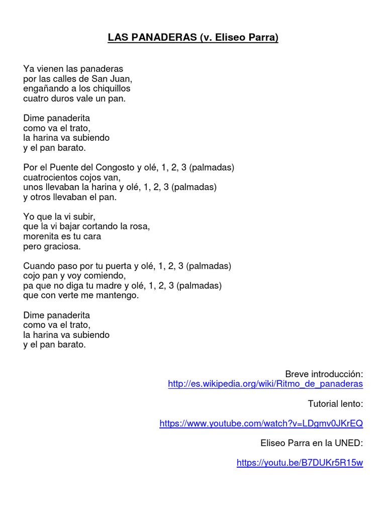 Letra de la canción "Las Panaderas" | PDF | Cocina, comidas y vino