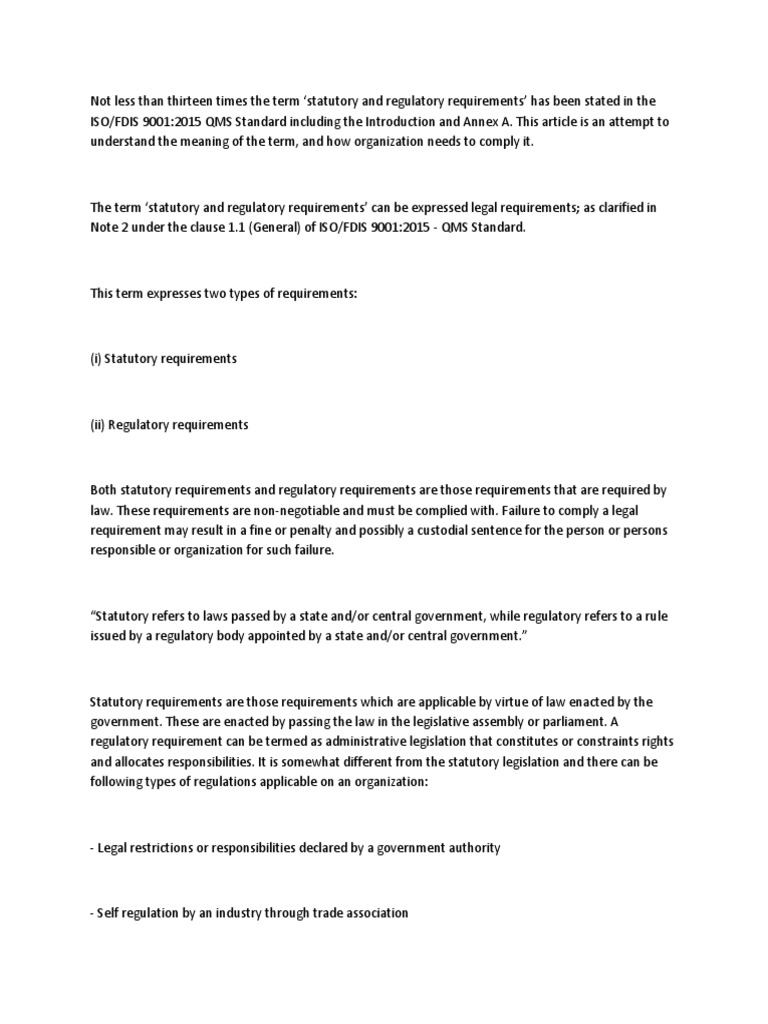 Statutory & Regulatory Requirements | Download Free PDF | Quality ...