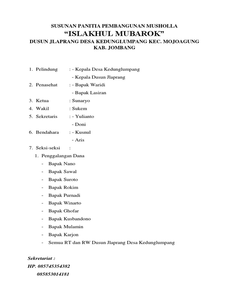 Susunan Panitia Pembangunan Musholla | PDF
