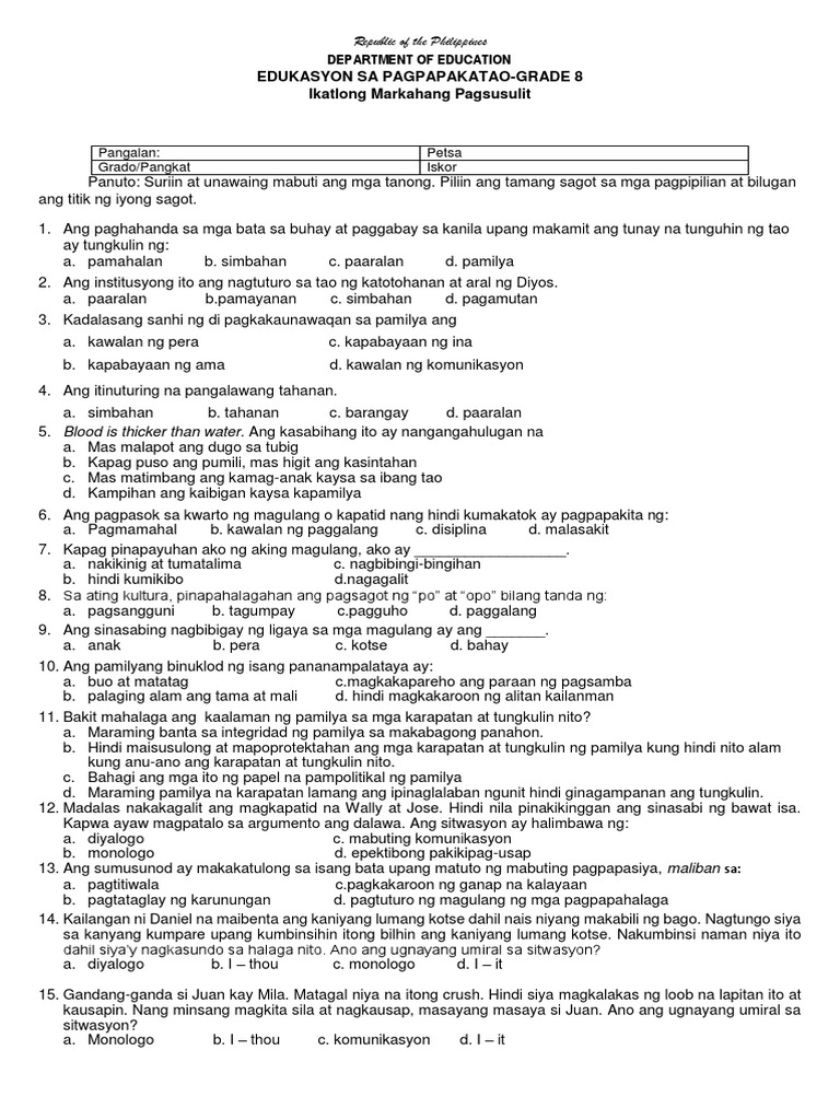ESP Grade 8 Periodical Exam | PDF