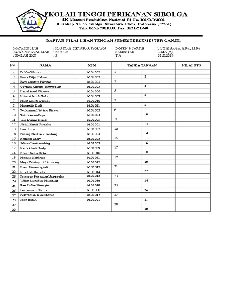 Absensi UTS 2018 2019 | PDF